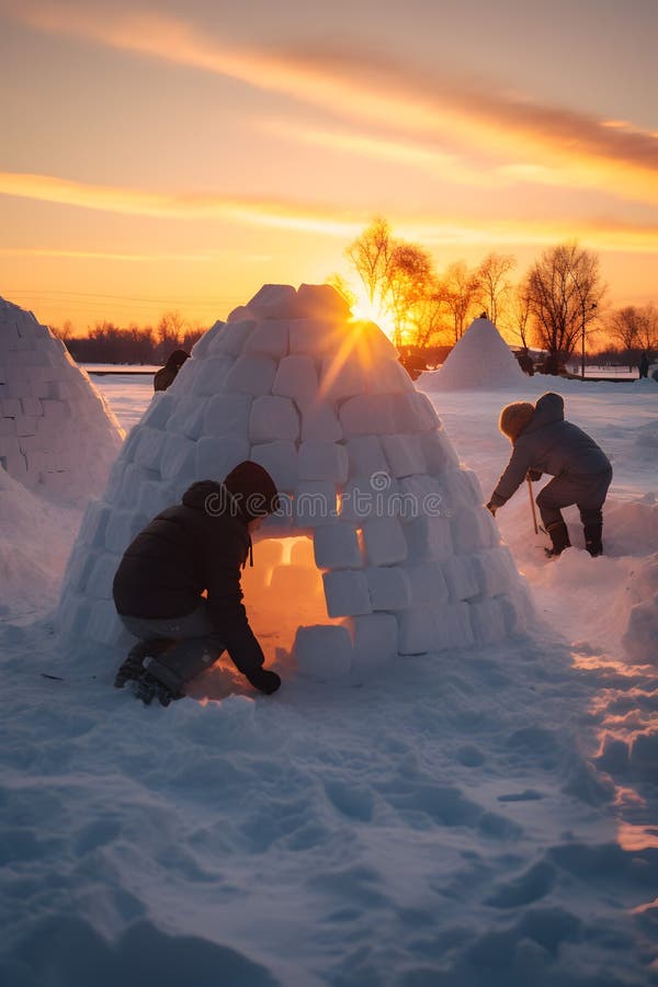 Group of Children Building Igloo in Winter Countryside with Snow ...