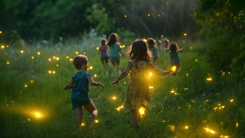 A Group of Children Chase Fireflies in a Forest on a Summer Evening ...