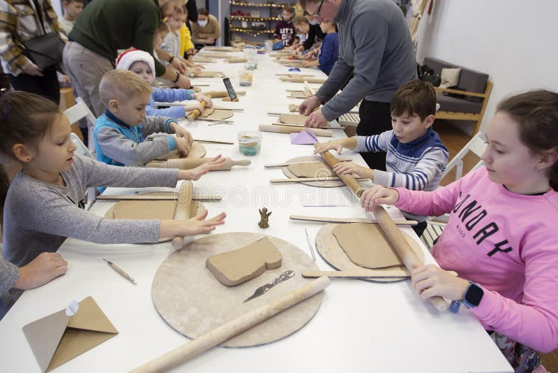 A Group of Children at a Clay Modeling Master Class Editorial Stock ...