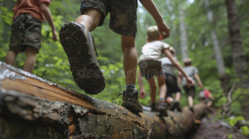 A Group of Children Climbing Over a Fallen Tree Using Their Hands and ...