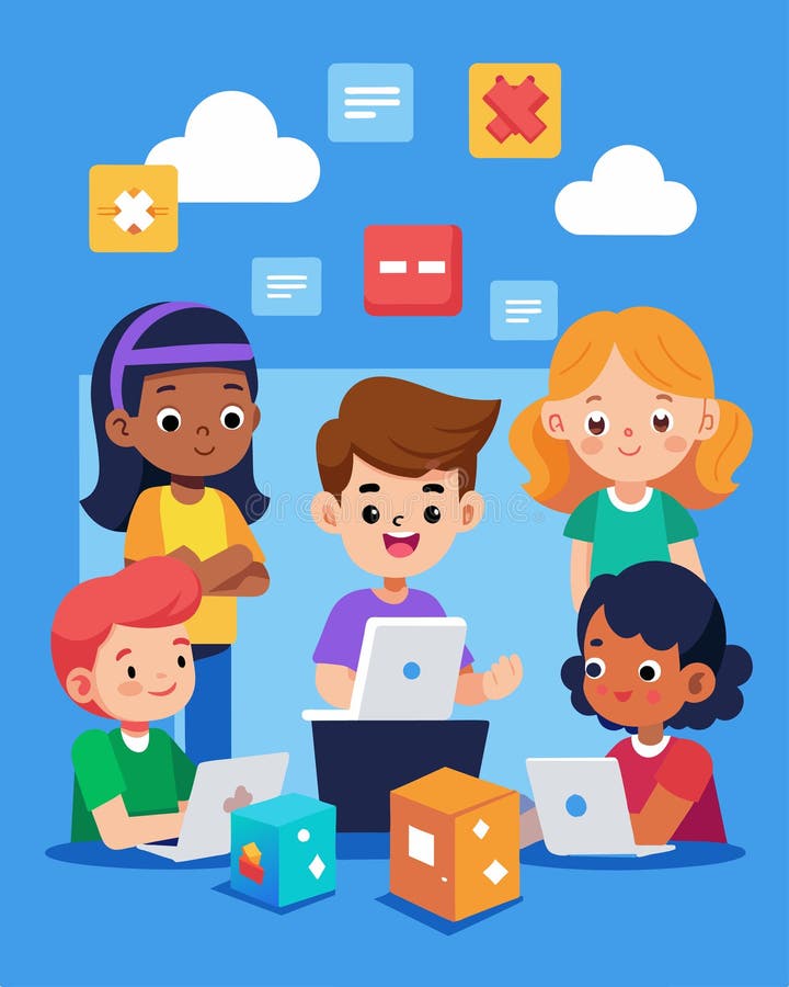 A Group of Children at a Coding Workshop Learning How To Use Draganddrop Blocks To Code Their ...