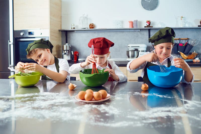 Smiling Children Do the Cleaning in the Kitchen Stock Photo - Image of ...
