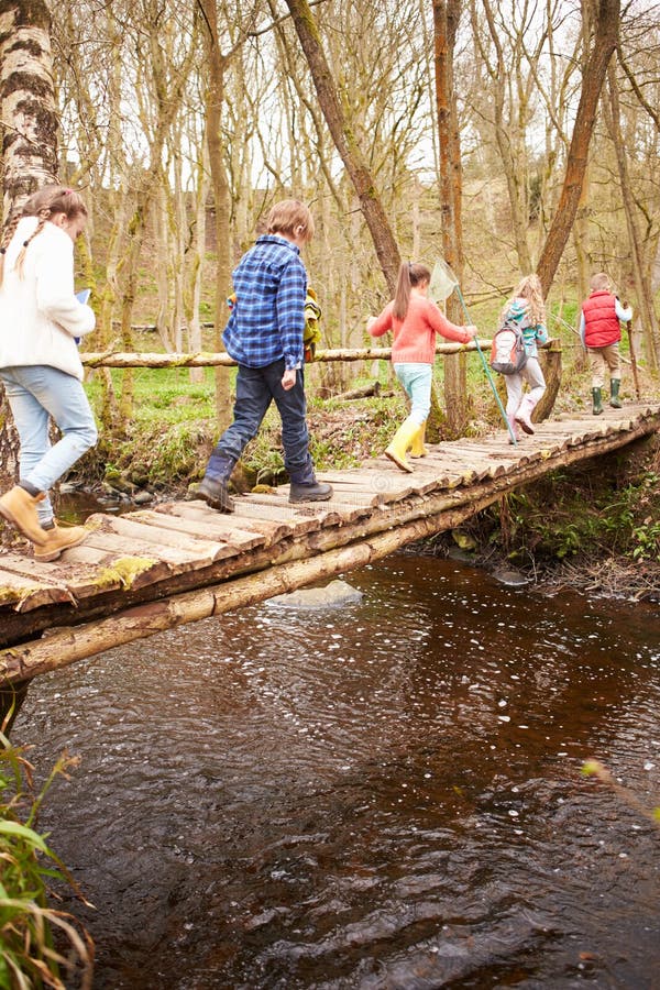 Group of Children Crossing Stream on Wooden Bridge Stock Image - Image ...