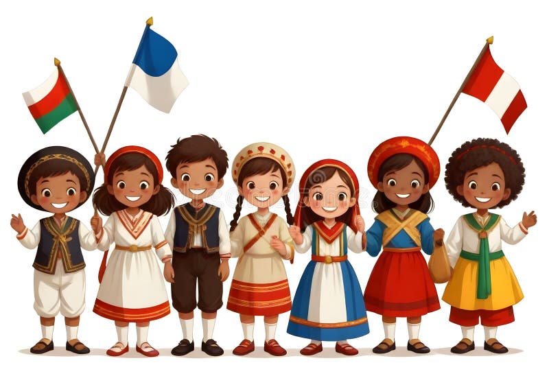 A Group of Children with Different Outfits and National Flags of ...