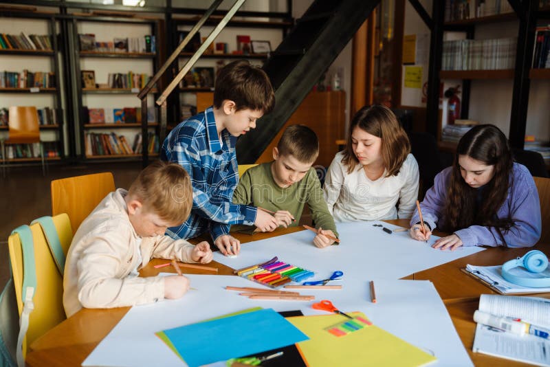 Group of Children Drawing during Art Lesson in Library Stock Image ...