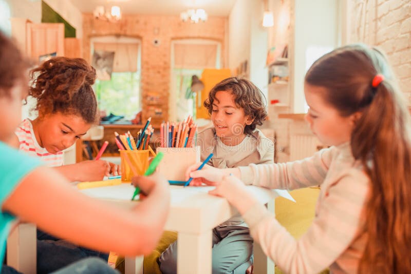Group of Children Drawing with Color Pencils Stock Photo - Image of ...