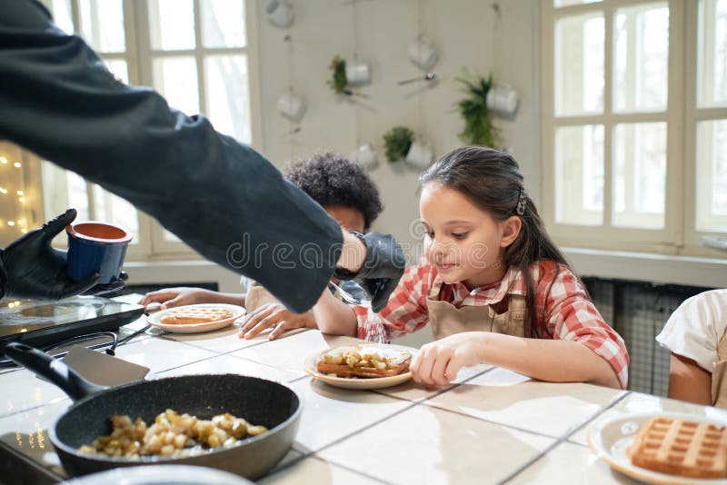 Children Eating Sweet Waffles at the Table Stock Photo - Image of food ...