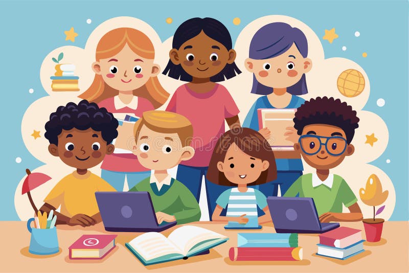 A Group of Children Engages in Studying, Using Laptops and Books ...