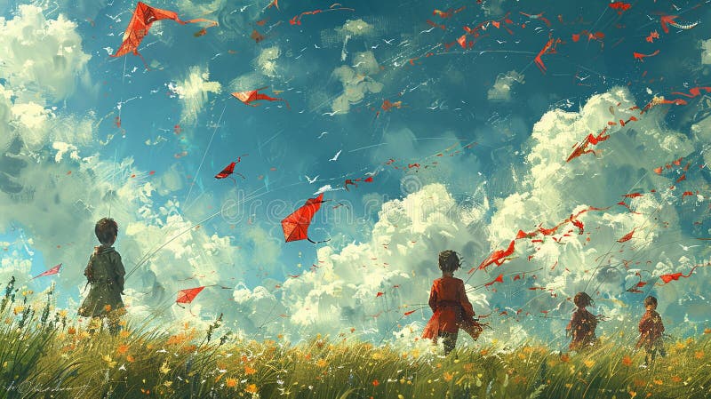 A Group of Children Flying Kites Wide Shot Stock Image - Image of wind ...