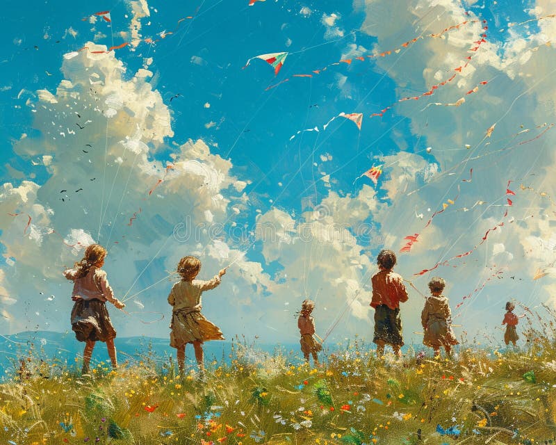 A Group of Children Flying Kites Wide Shot Stock Image - Image of ...