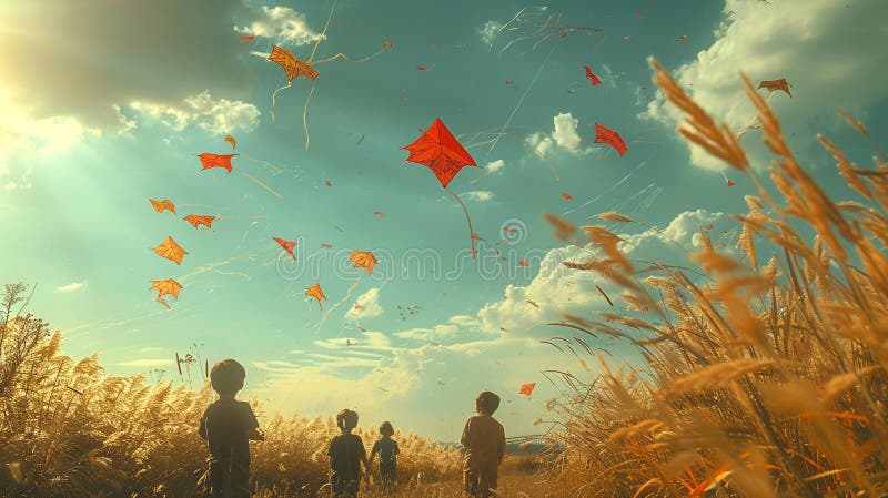 A Group of Children Flying Kites Wide Shot Stock Image - Image of ...