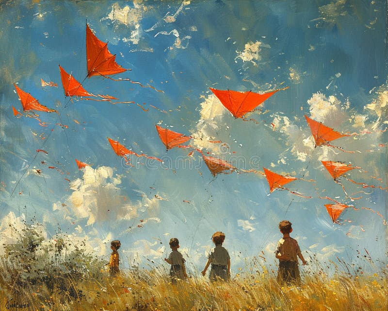A Group of Children Flying Kites Wide Shot Stock Photo - Image of ...