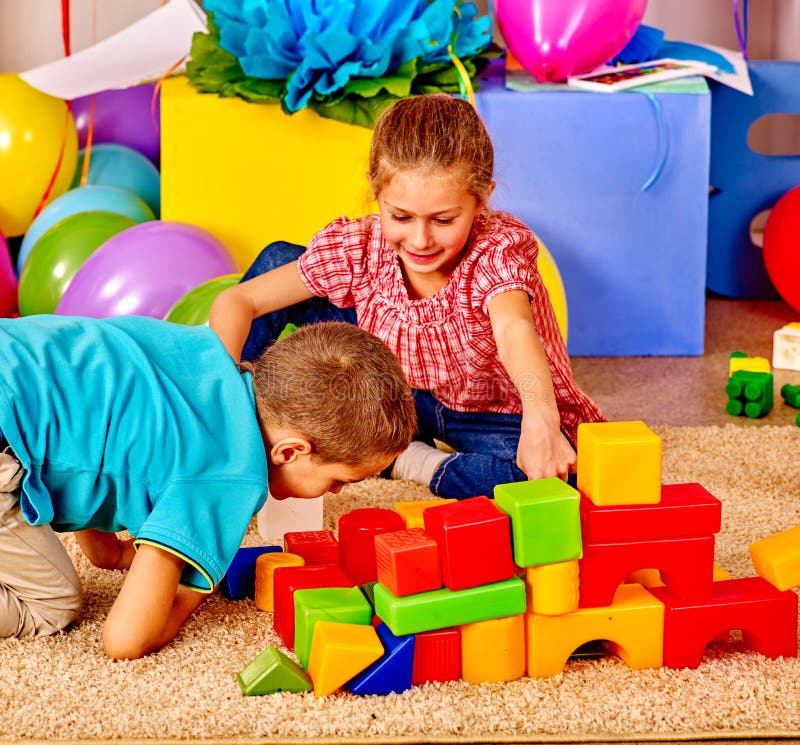 Group Children Game Blocks on Floor . Stock Image - Image of green ...