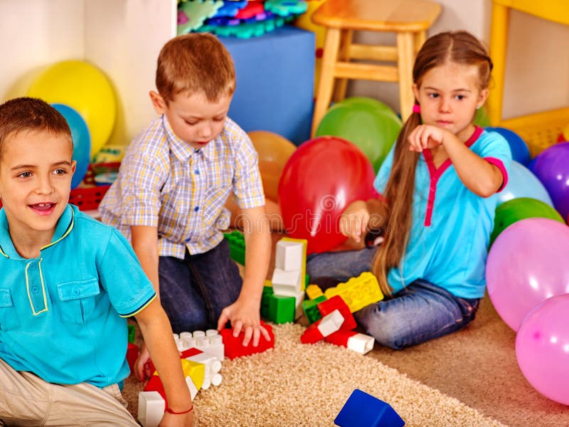 Group Children Game Blocks on Floor . Stock Photo - Image of ...