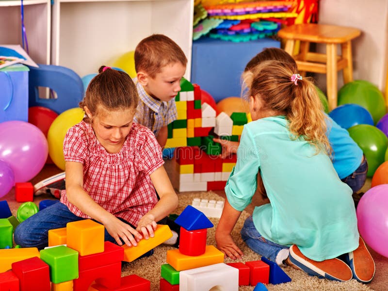 Group Children Game Blocks on Floor . Stock Photo - Image of childcare ...