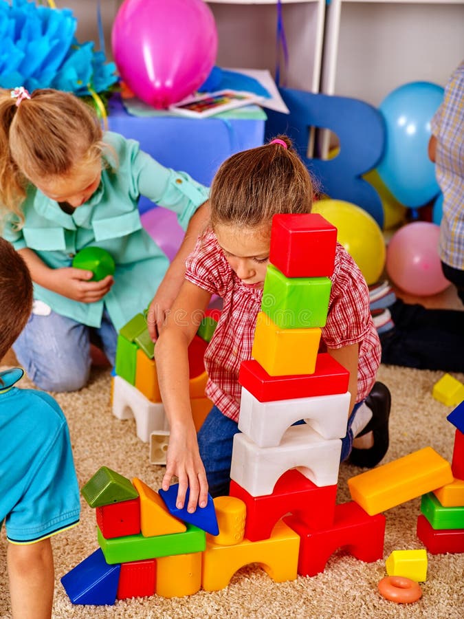 Group Children Game Blocks on Floor . Stock Image - Image of education ...