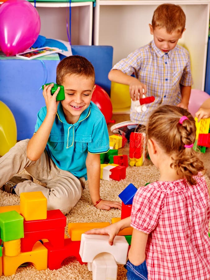 Group Children Game Blocks on Floor . Stock Image - Image of indoor ...