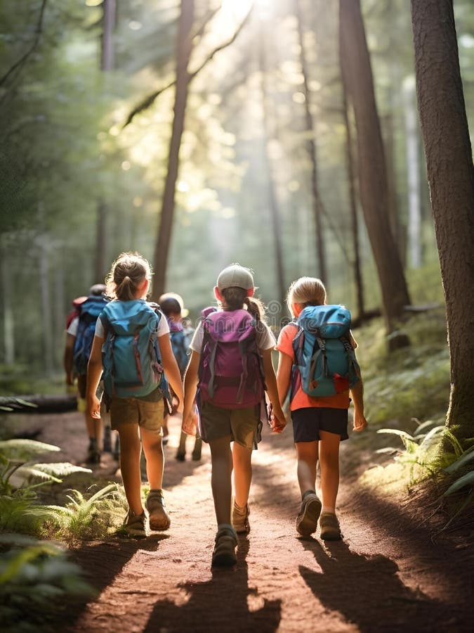 Group of Children Hiking in the Woods with Backpacks, AI-generated ...
