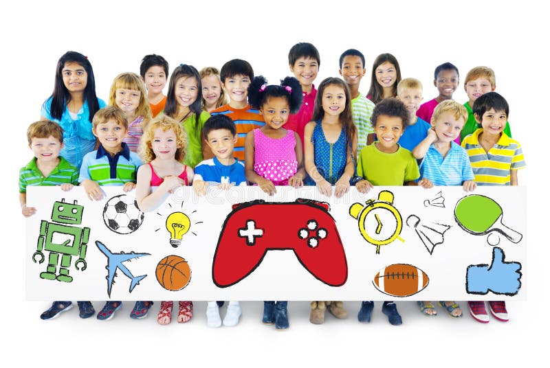 Group of Children Holding Board with Activities Symbol Stock Photo ...