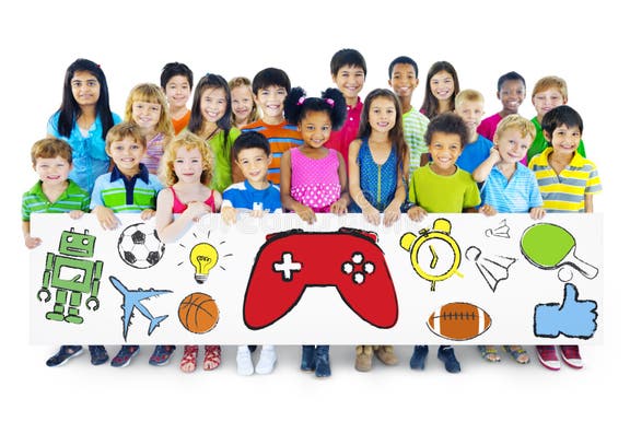 Group of Children Holding Board with Activities Symbol Stock Photo ...