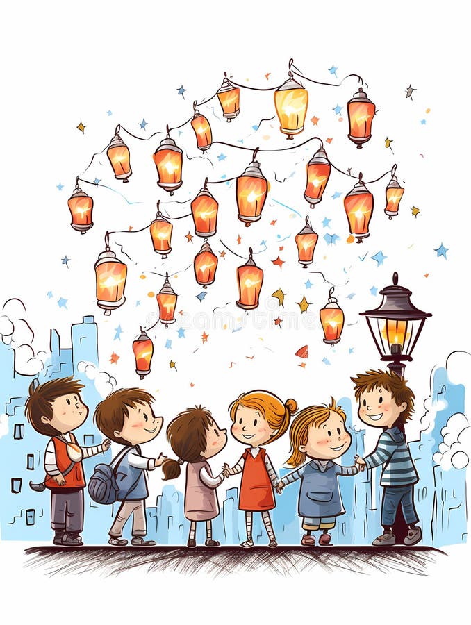 Group of Children Holding Hands Under a String of Lights Stock ...