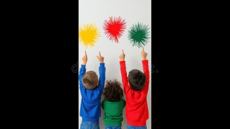 Kids Engaging with Colorful Wall Art in a Playful Learning Space Stock ...
