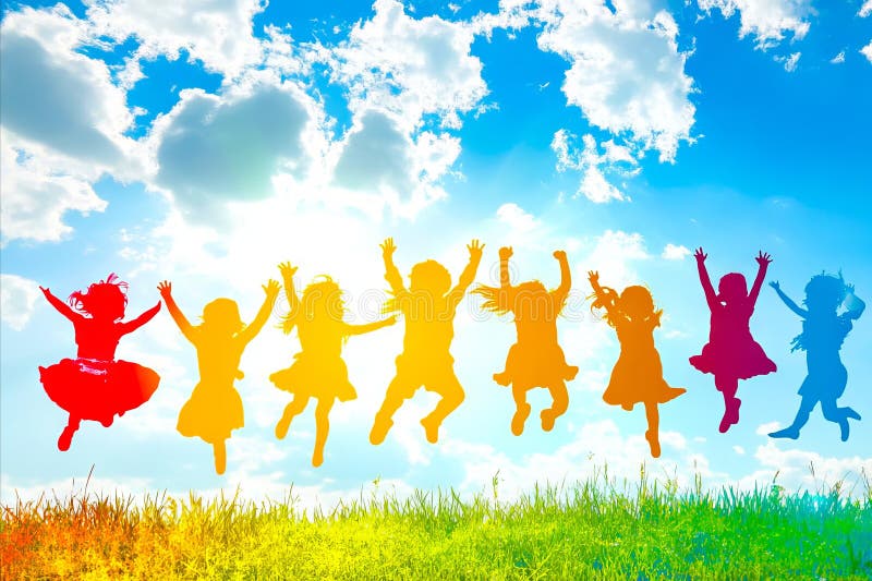 A Group of Children Jumping in the Air in a Field Stock Image - Image ...