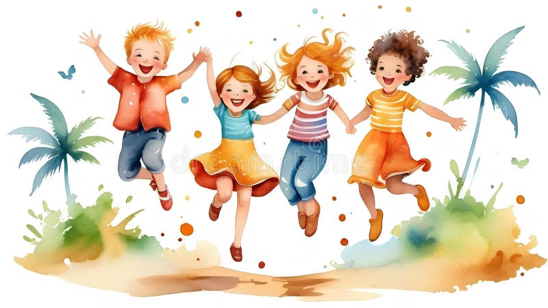 Watercolor of Group of Cheerful Children Celebrating Youth Happy ...