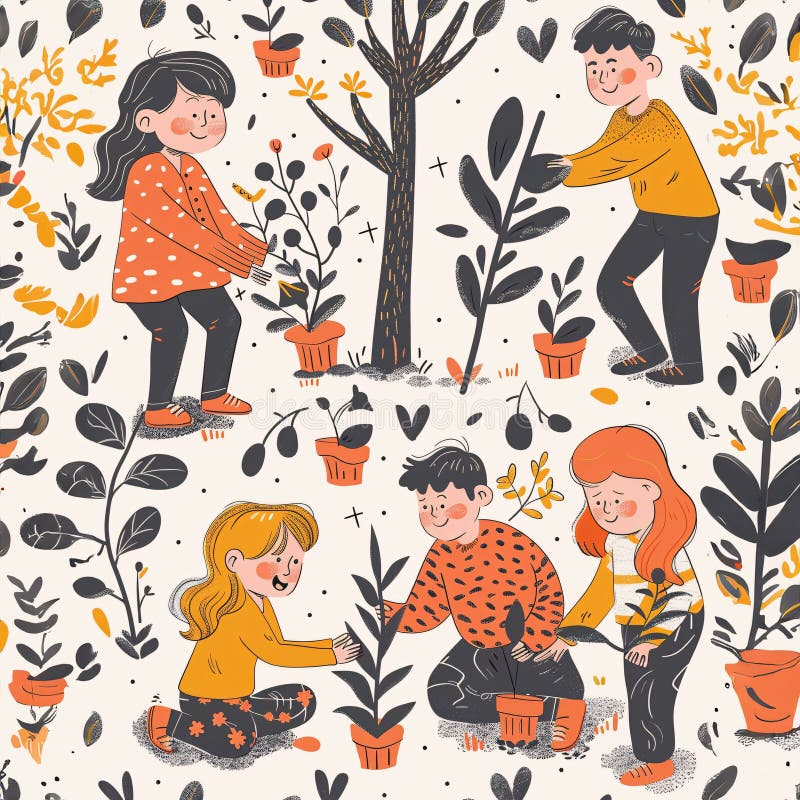 A Group of Children - a Group of Kids Planting Trees Stock Illustration ...