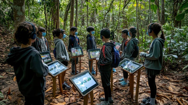 Group of Children Learning about Nature in a Rainforest Using ...
