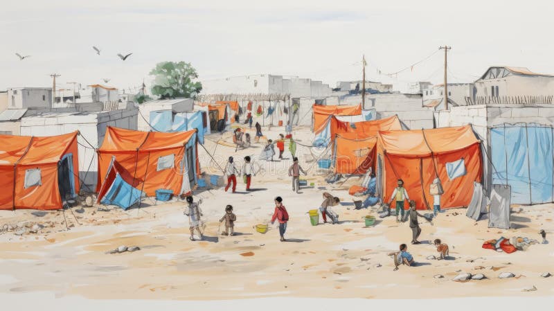 A Group of Children Live in a Refugee Camp Stock Illustration ...