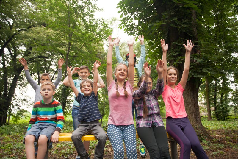 Group of Children on a Park Bench Stock Image - Image of leisure ...