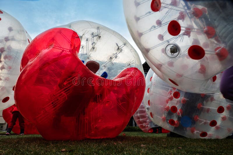 A Group of Children Playing in Inflatable Balls (zorbs) on Green Grass ...
