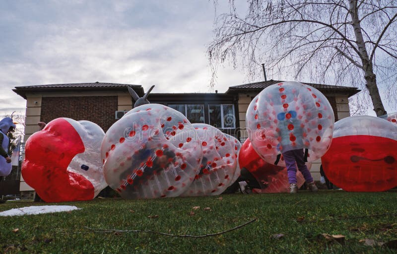 A Group of Children Playing in Inflatable Balls (zorbs) on Green Grass ...