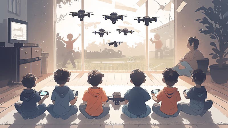 Group of Children Playing with Remote Control Drones Indoors Stock ...