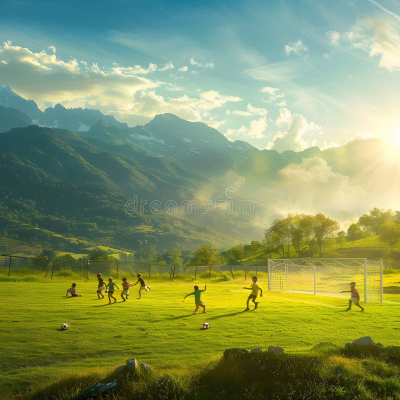 Group of Children Playing Soccer on the Field in the Mountains. Stock ...