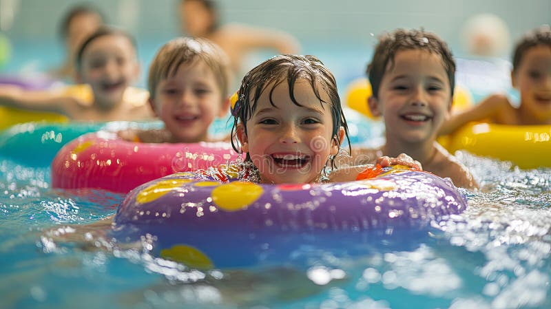 A Group of Children are in a Pool, with Some of Them Wearing Floaties ...
