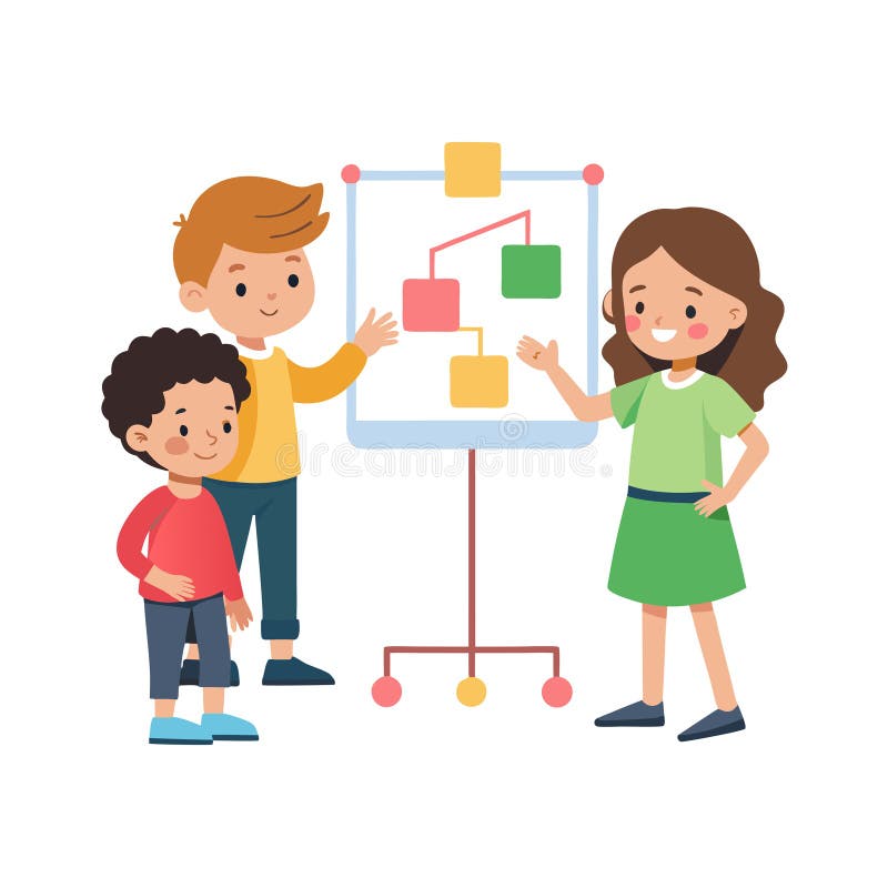 Group of Children Presenting a Flowchart on a Whiteboard, Teamwork and ...