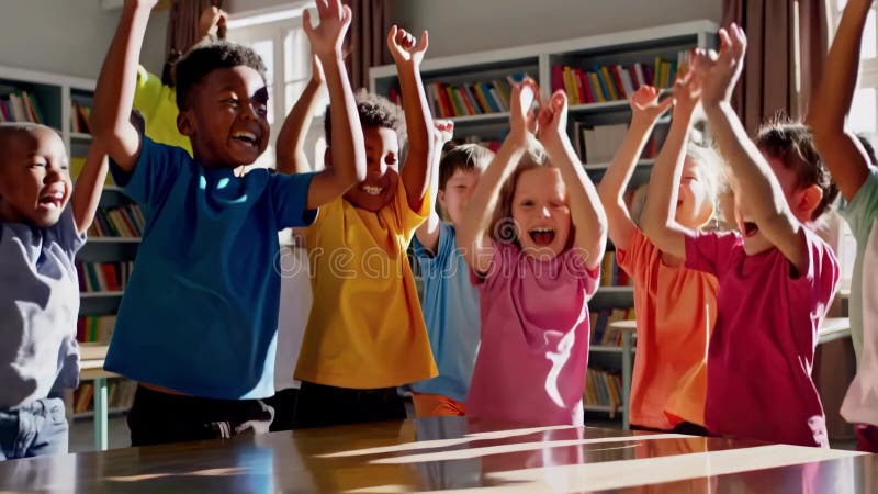 Group of Children Raising Hands in Classroom, Teamwork, Learning ...