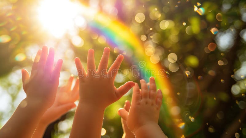 A Group of Children Reaching Up To the Sun with Their Hands, AI Stock ...