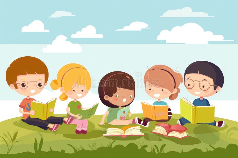 Group of Children Read Books Outdoors and Smile Stock Illustration ...