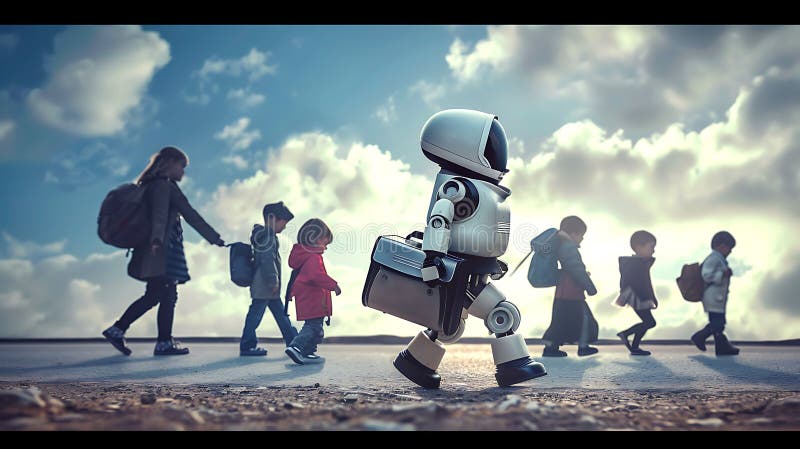 Group of Children and a Robot Walking with Briefcases To School, Back ...