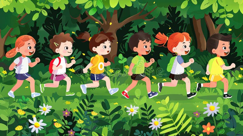 A Group of Children are Running through a Forest Stock Photo - Image of ...