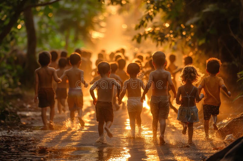 Group of Children Running through a Sunlit Forest Stock Image - Image ...