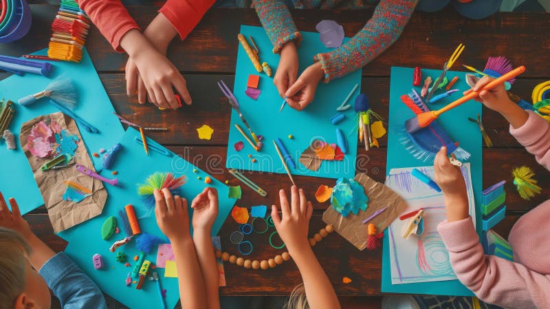 A Group of Children are Sitting Around a Table, Creating Art Projects ...