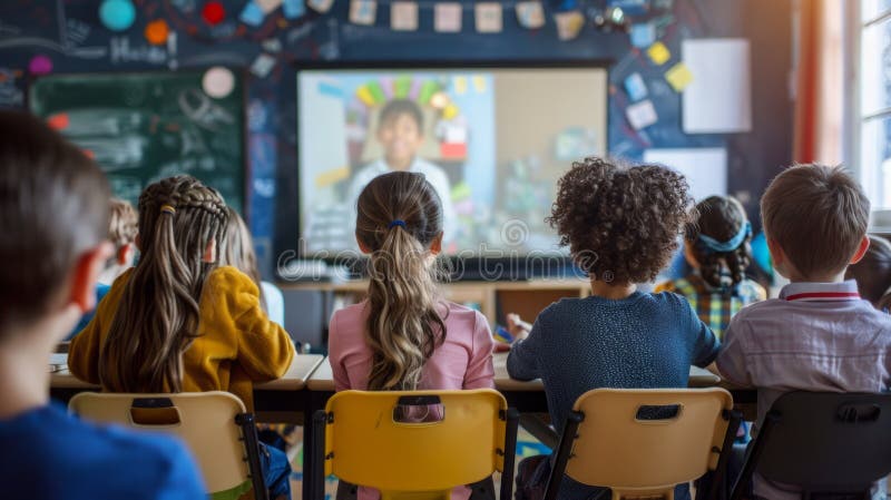 Children Watching a Video in a Classroom Stock Image - Image of group ...