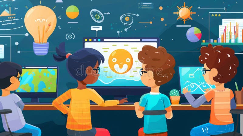 Children Sitting at Desks Viewing Computer Screen Stock Illustration ...