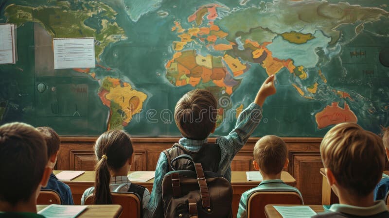Children Sitting at Desks in Front of a Blackboard Stock Photo - Image ...