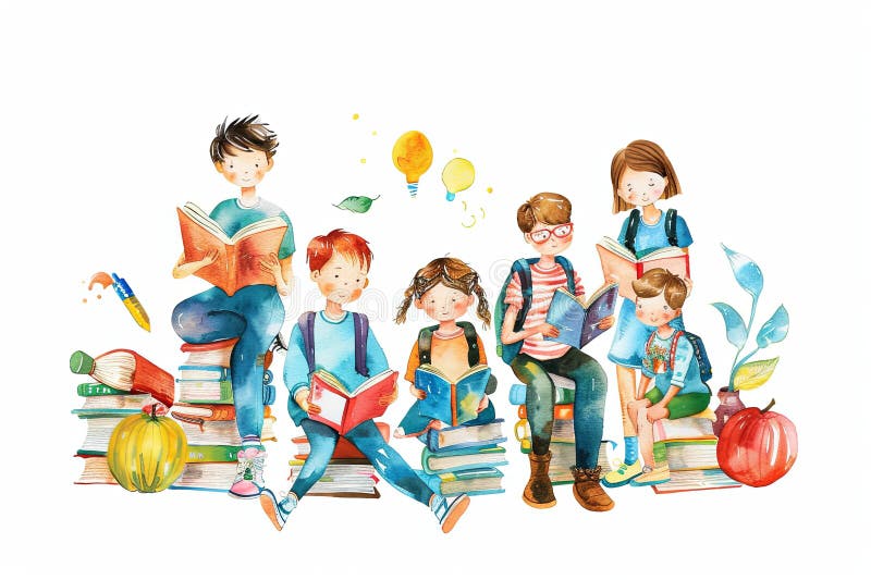A Group of Children Sitting on a Stack of Books, Engaged in Reading and ...