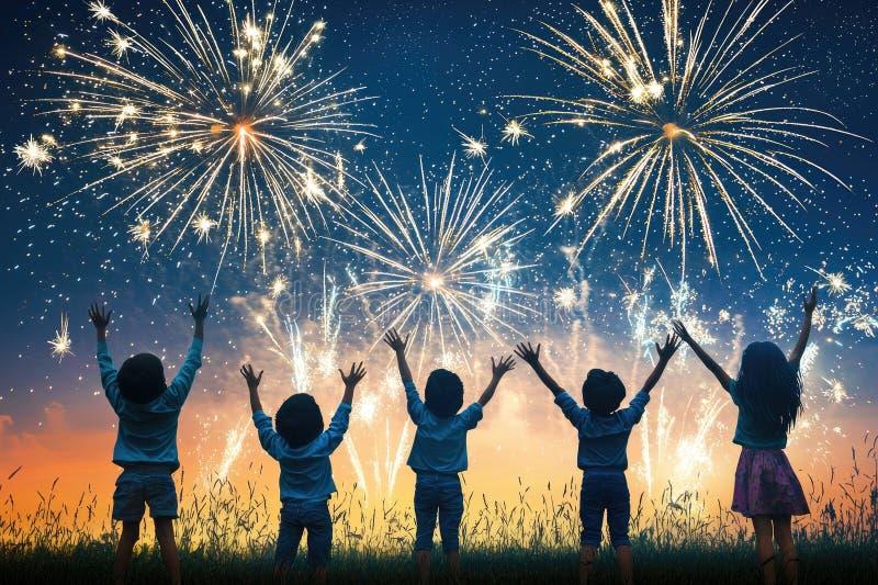 A Group of Children are Standing in a Field and Watching Fireworks ...